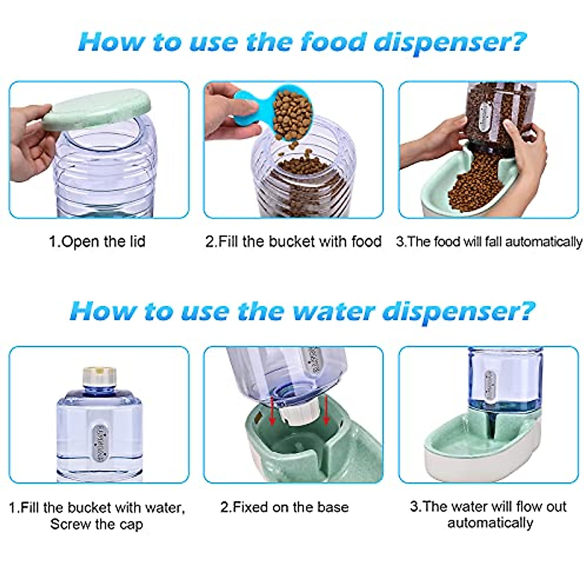 Automatic Dog Cat Feeder and Water Dispenser Gravity Food Feeder and Waterer Set with Pet Food Bowl for Small Medium Dog Puppy Kitten, Large Capacity 1 Gallon x 2