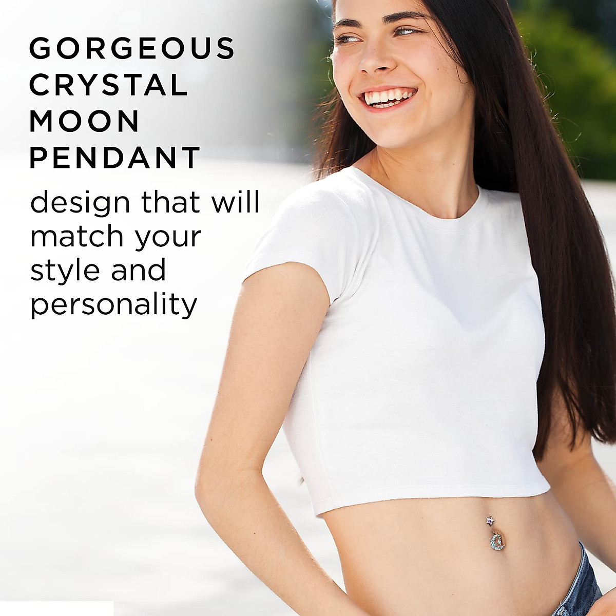 Pierce2GO Crystal Moon Belly Button Ring - 14G Surgical Steel Belly Button Ring Moon Pendant with Hanging Star - Belly Button Rings Piercing for Women – 7/16” (Silver)