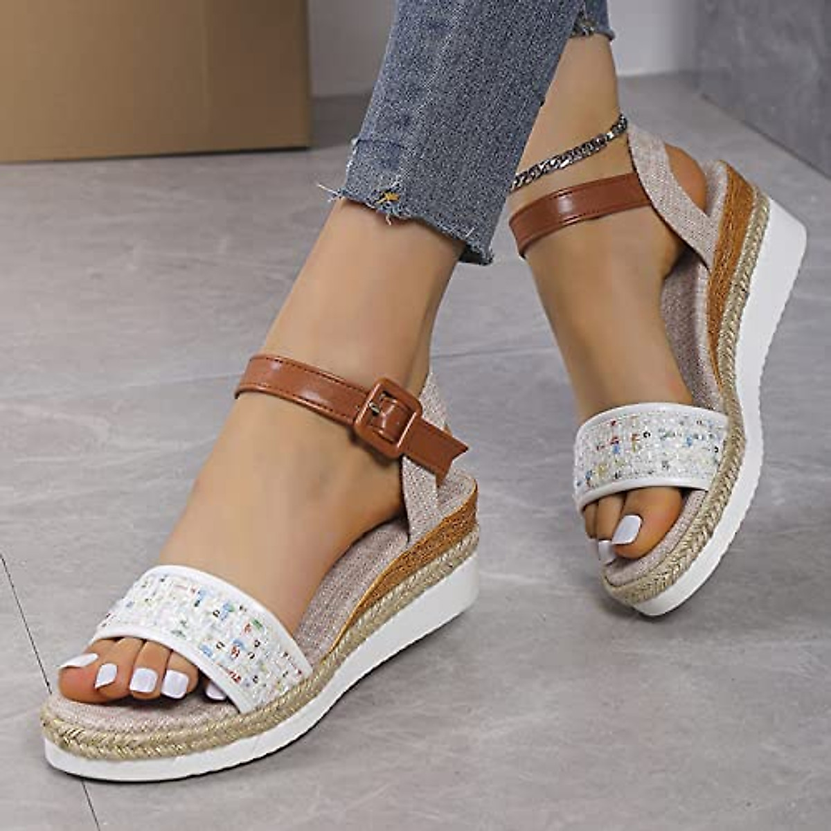 Rose Sandals for Women Wedding Ladies Summer Sequins Decorative Open Toe Buckle Wedge Heel Thick Sole Sandals (White, 8)
