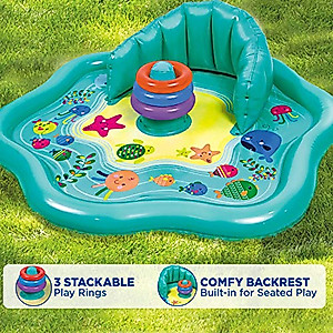 SwimSchool Baby Splash Play Mat with Adjustable Canopy – Inflatable Play Pool for Babies & Infants with Backrest – Includes Baby Water Toy Rings