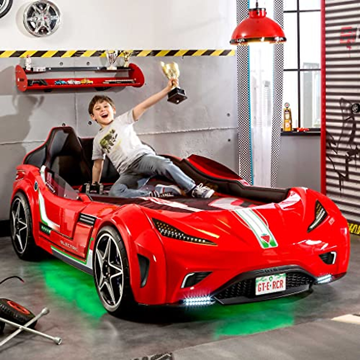 Cilek GTS EV Twin Race Car Bed, Remote Control, LED Lights, EV Sound FX, Vegan Leather Interior, License Plate, Red