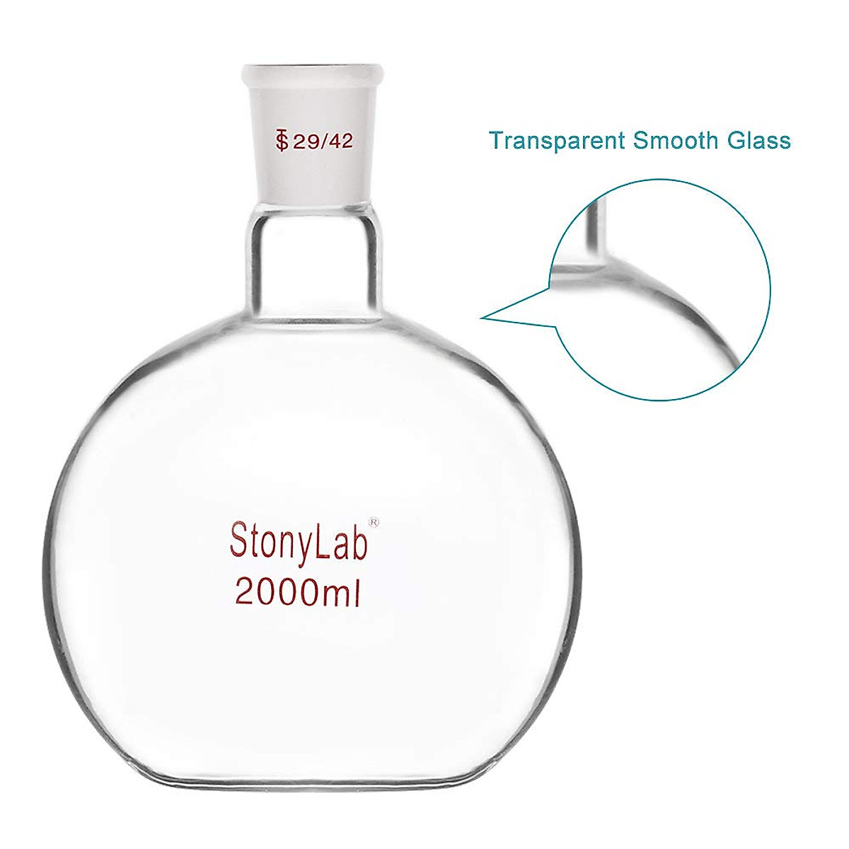 stonylab Heavy Wall Single Neck Borosilicate Glass Flat Bottom Boiling Flask, with 29/42 Standard Taper Outer Joint, 2000ml