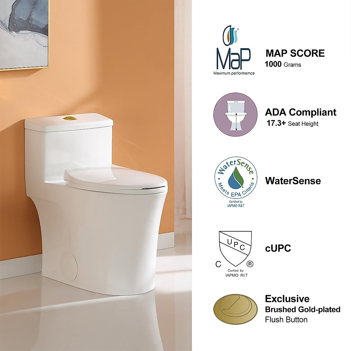 HOROW T0338WG One Piece Toilet with Gold Button, Elongated Toilet with Comfort Seat Height, ADA Chair Height 17.3", Dual Flush 0.8/1.28 GPF & MAP 1000g, Standard White Toilet Bowl, Gold Tank Button