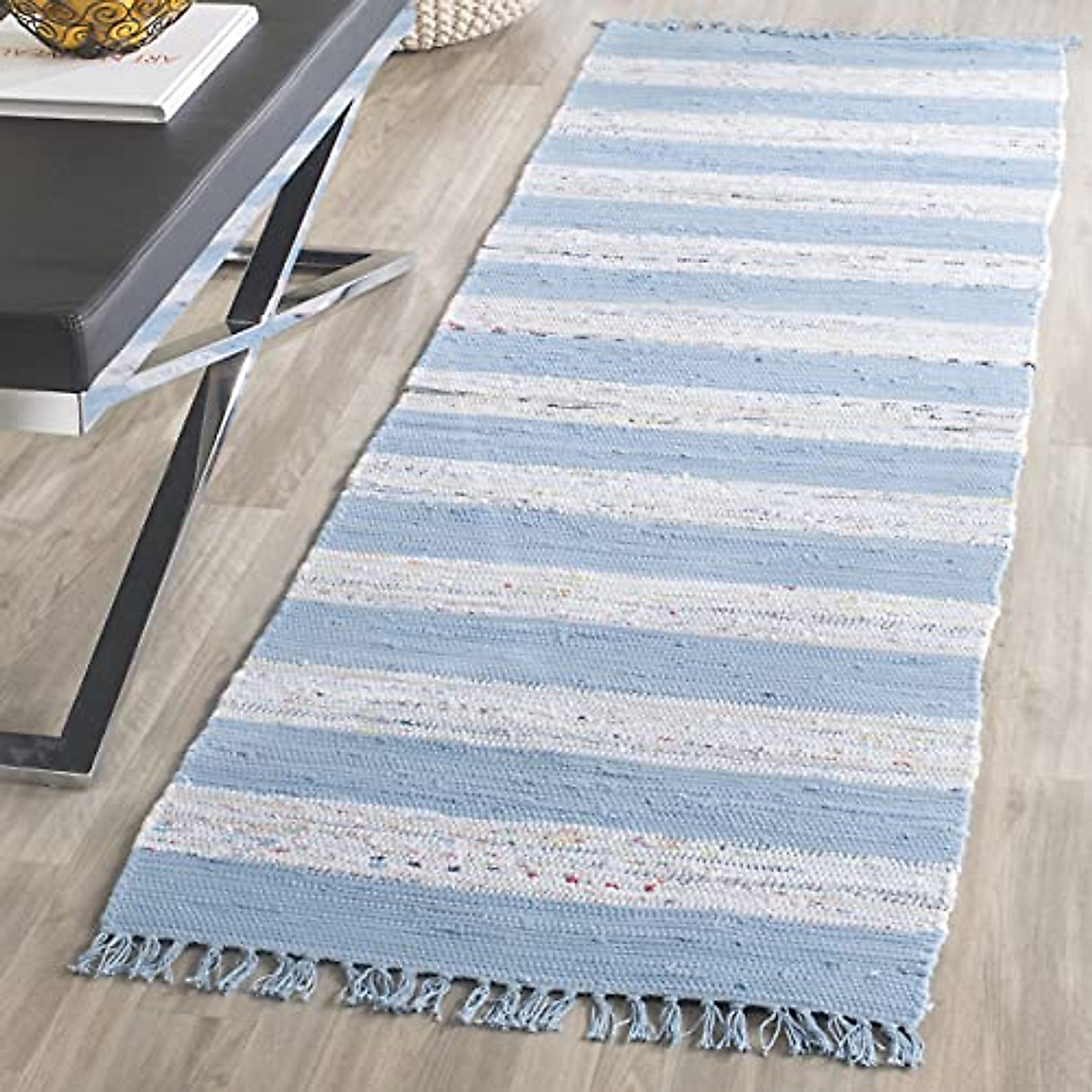 SAFAVIEH Montauk Collection 2'3" x 7' Ivory / Turquoise MTK720C Handmade Stripe Fringe Cotton Runner Rug