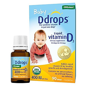 Ddrops Organic Baby 400 IU 90 Drops - Daily Vitamin D Liquid for Infants. Supports Teeth & Bone Health. No Preservatives, No Sugar, Non-GMO, Allergy-Friendly