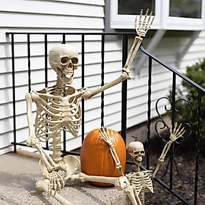 Posable Life Size Human Skeleton Family Set of 4-2 Adult (5' 2")& 2 Children (2')-Halloween Prop Indoor Outdoor Decorations w Bending Articulated Bones- Spooky Haunted House Party Lawn Décor
