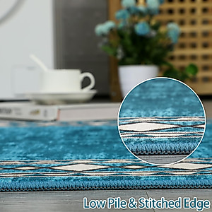 ROYHOME 9x12 Area Rug Extra Large Rug Machine Washable Modern Bordered Area Rug Geometric Border Stain Resistant Non-Slip Accent Rug Floor Cover Carpet Rug for Living Room Bedroom, Turquoise