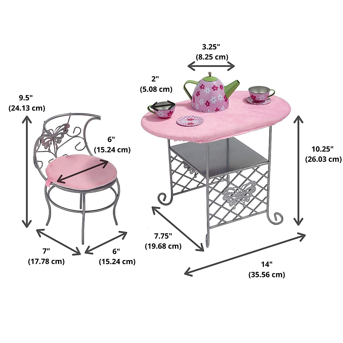 Badger Basket Elegant Tea Time Metal Doll Table and Chair Set with Accessories for 18 to 20-Inch Dolls – Perfect for Playtime Tea Parties