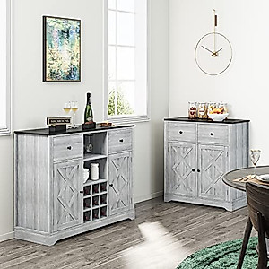 FOTOSOK Buffet Sideboard Bar Cabinet with Storage, 44.5” Farmhouse Buffet Server Bar Wine Cabinet with Removable Wine Racks, Wood Coffee Bar Cabinet Cupboard Table Dining Room Furniture Organizer