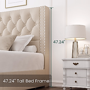 LARMACE King Size Platform Bed Frame with 4 Storage Drawers and Headboard Linen Upholstered Bed Frame Tufted Beds with Wood Slats Support, Easy Assembly, Noise-Free, Beige