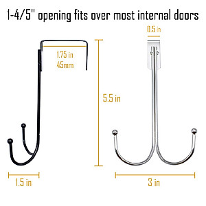 SayHi2U Double Towel Hook, Over Door Metal Hanging Holder for Bathroom, Fit 1-½" to 1-¾" Internal Door, EVA Anti-Slip Adjustment Pad (Black, 2 Pack)