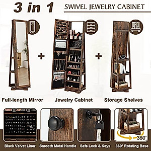 ACIPENSER 360° Rotating Jewelry Armoire, Lockable Jewelry Cabinet Organizer Standing w/Full Length Mirror, Large Storage Capacity, Built-in Makeup Mirror & 3-Tier Rear Storage Shelves, Rustic Brown