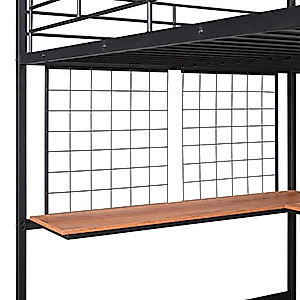 TMEOSK Full Size Metal Loft Bed Frame with L-Shape Desk and Decoration Metal Grid, Space Saving Loft Bed with Ladder and Safety Guardrail for Boys Girls Teens Adults, No Box Spring Needed (Black)