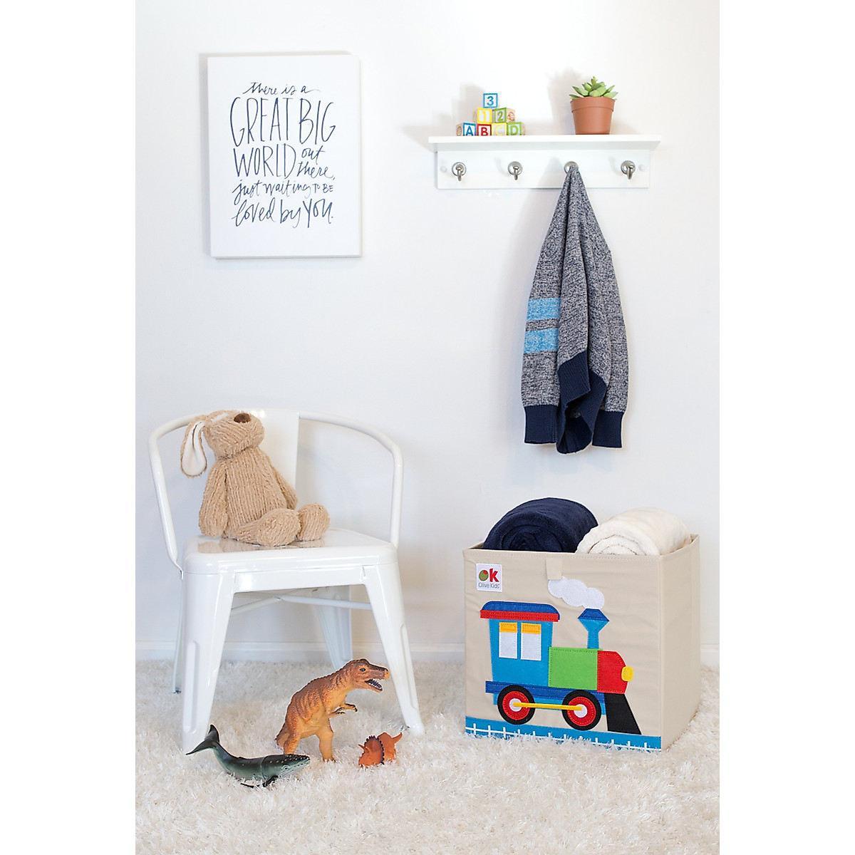 Wildkin Kids 13 Inch Storage Cube for Boys and Girls, Perfect Use in Your Child's Bedroom or Playroom, Storage Cubes Helps Keep Toys, Games, Books and Art Supplies Organized, Olive Kids (Train)