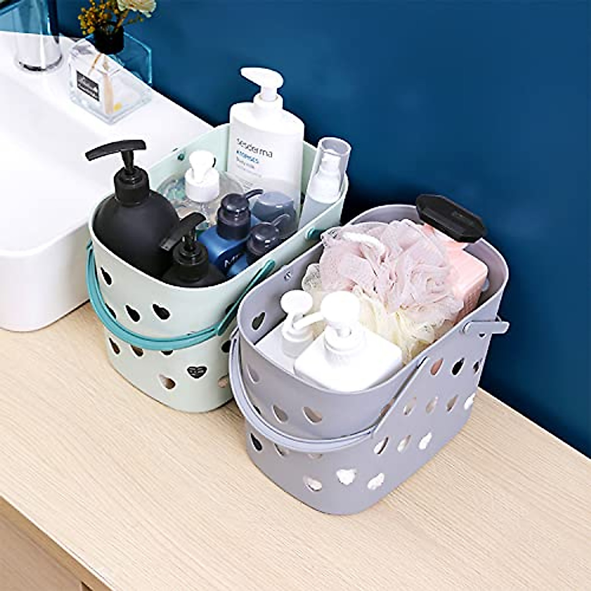 Portable Plastic Shower Caddy Baskets, Standing Storage Organizer Bins, Shower Caddy Tote Bag with Handles, Hollow Cleaning Caddy with Holes for Bathroom, College Dorm, Kitchen, Home - Heart Blue
