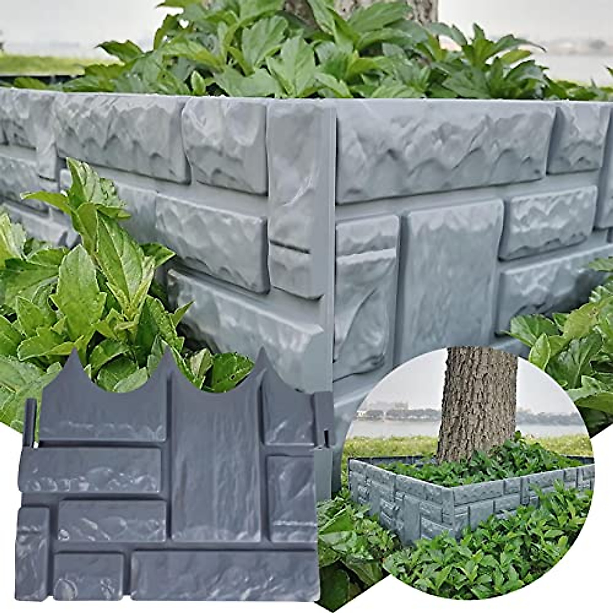 Garden Plastic Fence Edging Fence Stone Hammer in Lawn Edging Spring Yard, Plastic Faux Stone Patio Fence, Plastic Edging Plant Border, Garden Flower Bed Border Edging Fence 8.46”X10.24” (Gray, 1PC)