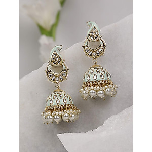 Priyaasi Mint Green Ethnic Indian Jhumka Earring for Women | Trendy Paisley Chandbali Design | Kundan-Studded | Pearl Drop| Plating of Gold | Earrings for Women with Pushback Closure