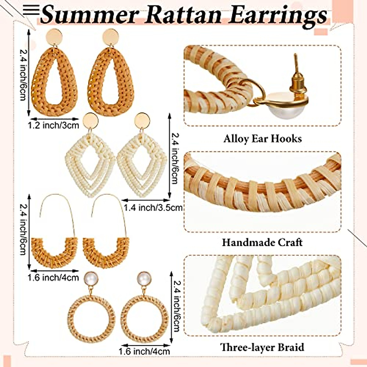 9 Pcs Women&#039;s Pearl Straw Bags Rattan Earrings Summer Beach Handbags Woven Wicker Bucket Tote Bag Straw Wicker Braid Hoop Drop Dangle Bohemian Earrings