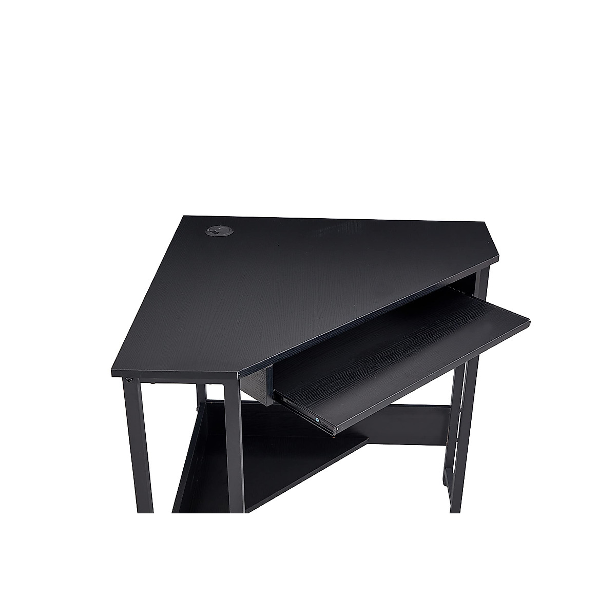 Triangle Computer Desk, Corner Desk with Pull-Out Keyboard Tray & Storage Shelves, Home Office Compact Desk, Gaming Table with Sturdy Steel Frame as Workstation for Small Space (Black)