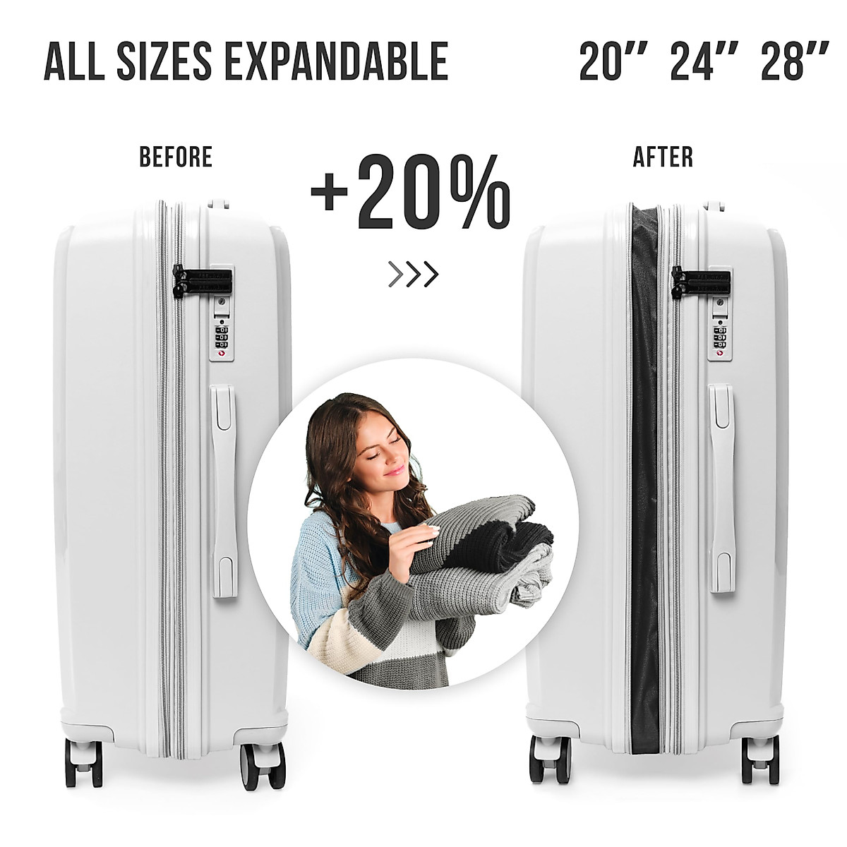 Feelway Travel 3-Piece Hard Side Luggage Suitcase Set Durable, Expandable Design with 360° Double Spinner Wheels, TSA Lock, Telescopic Handle, Secure Zipper (White, 20", 24", 28")