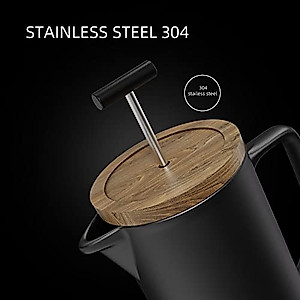 DHPO Ceramic French Press Coffee Maker, 22 Ounce French Press Coffee with Walnut Wood Lid, Premium Triple Filters Food Grade Stainless Steel for Good Coffee and Tea, Black