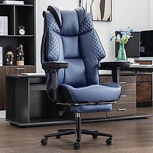 Big and Tall Office Chair 400lbs, High Back Leather Office Chair with Foot Rest, Heavy Duty Executive Office Chair Adjustable Arm Rest,Ergonomic Chair Lumbar Support with Wheels (Navy Blue)