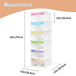 Houseables Kids Closet Organizers and Storage, Weekly Hanging Clothes Organizer, Daily Kid Outfit Organization, 6 Shelf, 39"x12"x12", White, Days of The Week Clothing System, Monday Through Friday