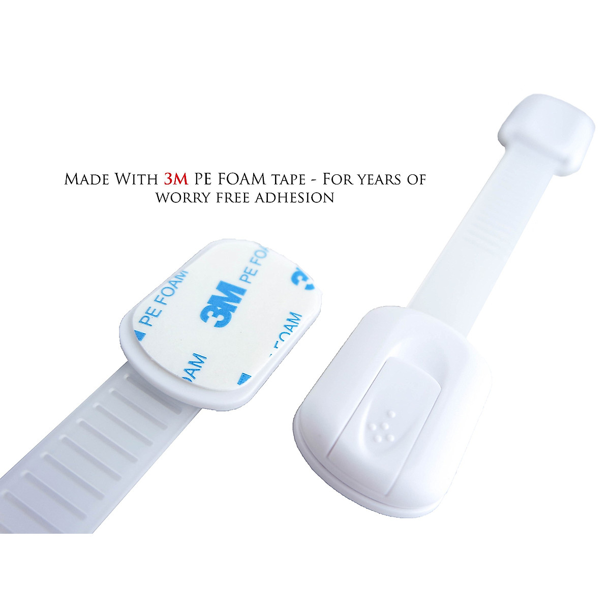 Baby Safety Locks | Child Proof Cabinets, Drawers, Appliances, Toilet Seat, Fridge and Oven | Tools Not Required | Uses 3M Adhesive with Adjustable Strap and Latch System (6-Pack, White)