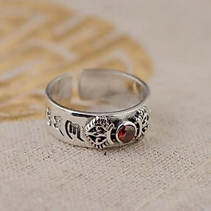 Pure Silver Ring, Buddhism six true word ,Sterling Silver 925 , Natural Garnet Gemstone, Adjustable open ring, Retro Folk style, unisex ring