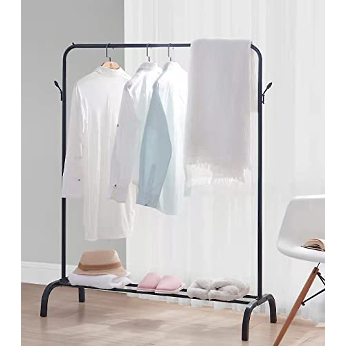 WEASHUME Clothes Rack 43.3 Inches Garment Rack,Coat stand with Bottom Shelf Portable Metal Clothing Rack for Hanging Clothes Coat Rack Black
