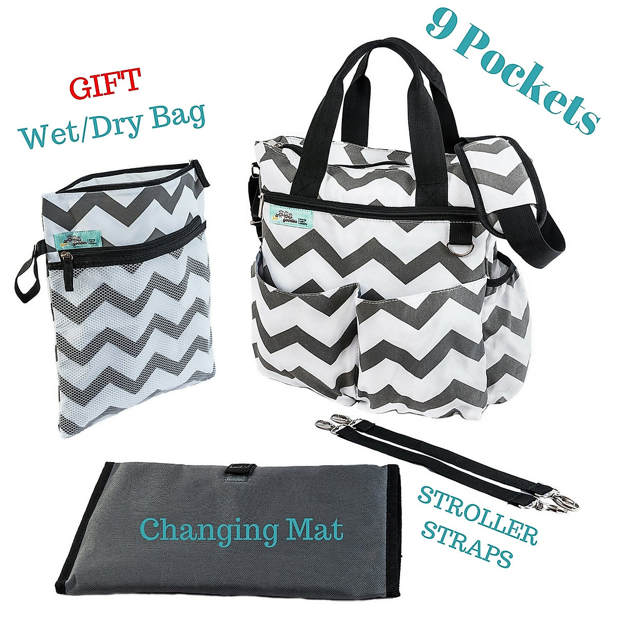 Stylish Travel Diaper Bag Tote for Men and Women – Unisex, Multifunctional Design with Universal Stroller Straps, 9 Pockets FREE Wet/Dry Bag and Changing Pad by LoveMyGoodies