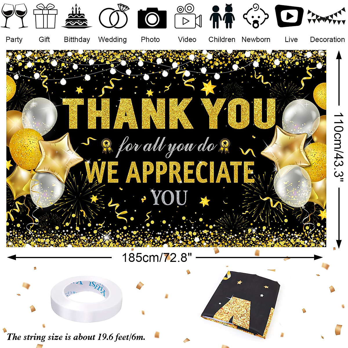 HOWAF Thank You for All You Do Banner, Employee Appreciation Banner for Staff Teachers Doctors Appreciation Party Decoration, We Appreciate You Backdrop Banner,Black and Gold, 72.8" x 43.3"