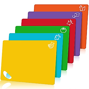 Flexible Plastic Cutting Board Mats, Set of 6 Colorful Chopping Boards, Cutting Boards for Kitchen Dishwasher Safe, Cutting Mat For Cooking with Food Icons Kitchen Gifts for Women, BPA Free, Non-slip