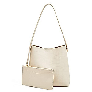 FOXLOVER Leather Tote Shouder Handbags for Women, Ladies Large Designer Handbags Tote Purses Shoulder Bucket Bags (White)