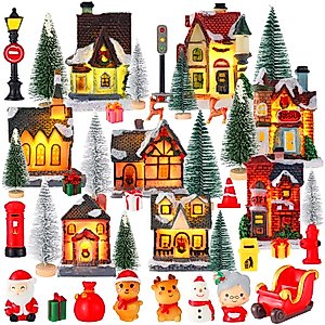 Liliful 40 Pcs Christmas Village Sets Lighted LED Christmas Village Houses with Figurines Resin Xmas Scene Figurines Christmas Collectible Buildings Miniature Christmas Town Scene Desktop Decor