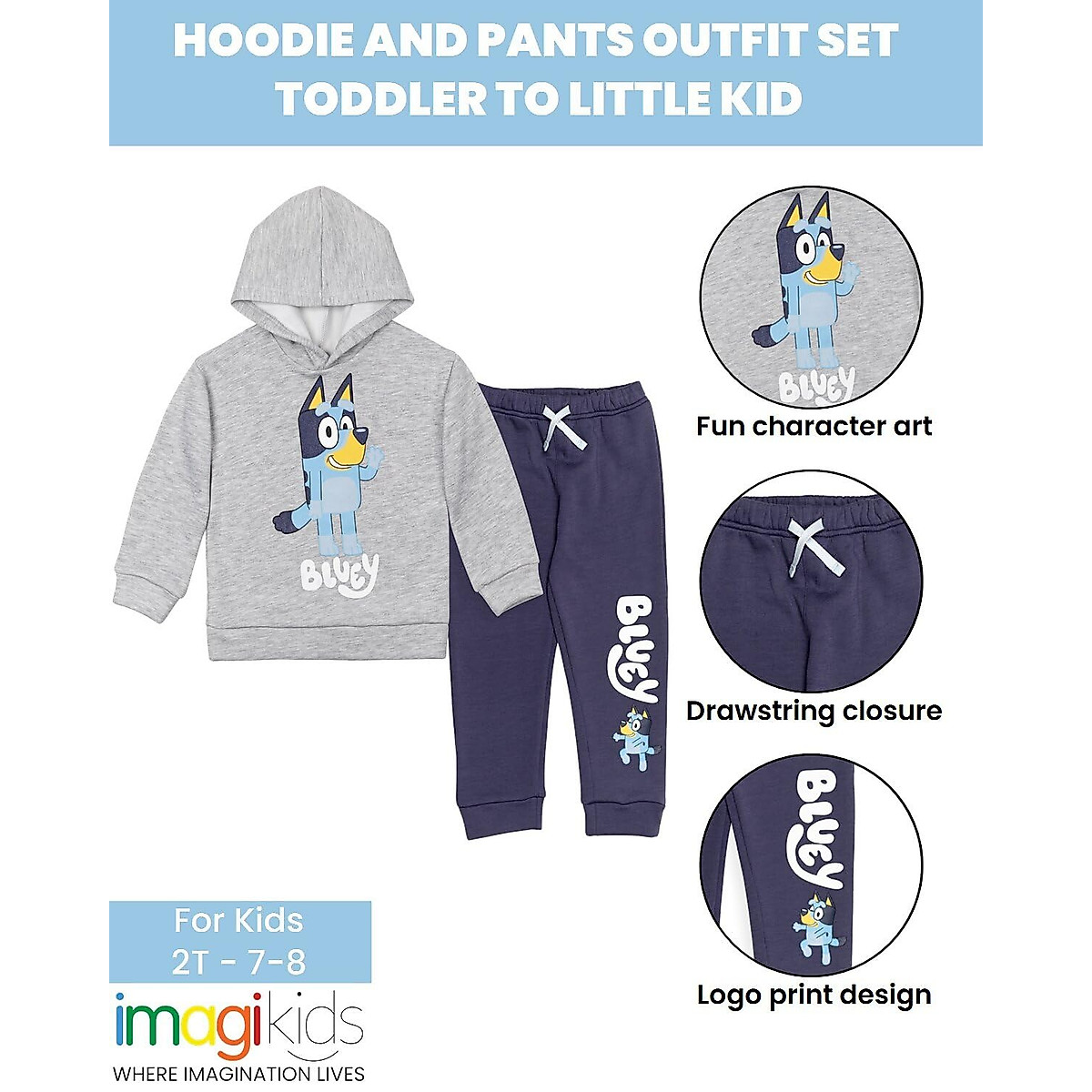 Bluey Little Boys Fleece Hoodie and Pants Outfit Set Grey/Blue 7-8