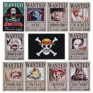 CNMLGB 11 PCS Nika Luffy 3 billion Wanted Bounty Paper Poster 10 Straw Hat Pirates Crew Zoro Sanji Nami Usopp Chopper Robin Franky Brook Jinbei 1 PC Flag (11×8 in)