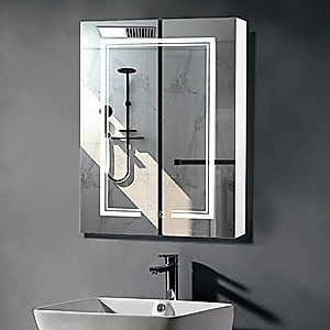 Lighted Medicine Cabinet with Mirror, LED Bathroom Wall Cabinet with Anti-Fog Mirror, OSB Board, 1 Door, 3-Color Lighting, Adjustable Brightness, Power-Off Memory, 2 Plugs, 2 USB Ports, White