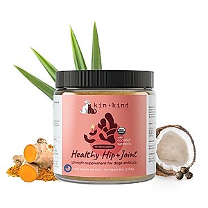 kin+kind Hip+Joint Supplement Dogs & Cats - Organic Healthy Hip+Joint Supplement - Vet Formulated Natural Formula with Organic Turmeric, Black Pepper and Coconut- Large 8oz - Made in USA