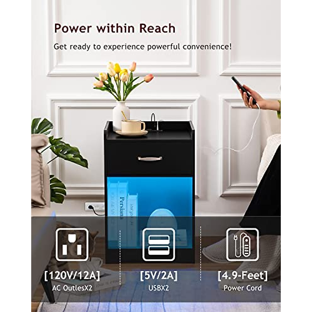 WEENFON Nightstand with Charging Station and LED Lights, Nightstands with USB Ports & Outlets, Small Night Stands for Bedroom, Black