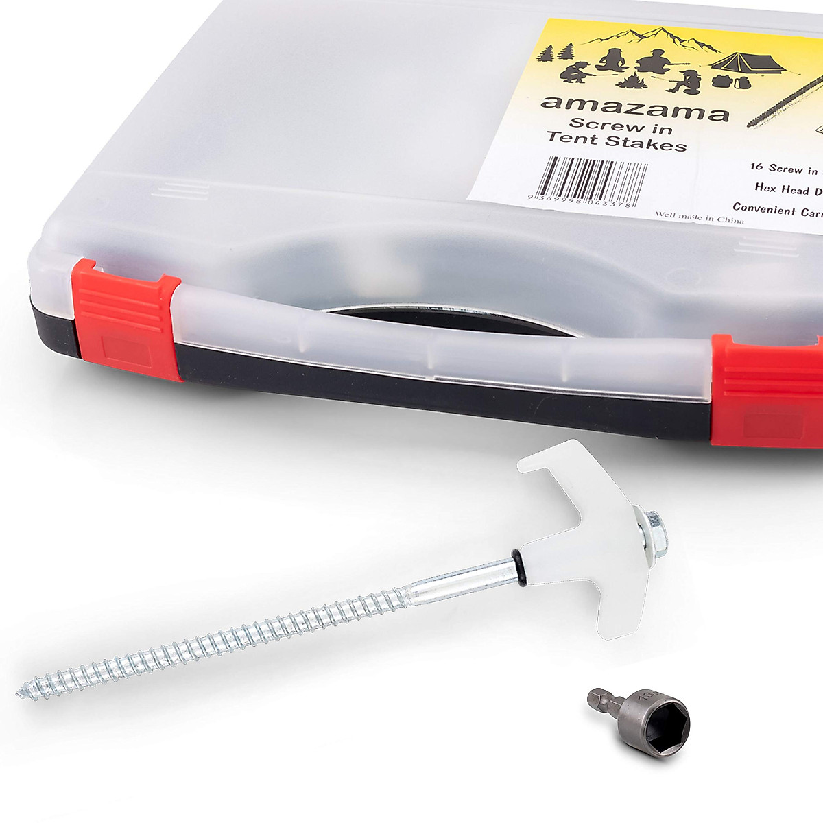 amazama Tent Stakes - 16 Heavy-Duty Ground Screw Anchor Pegs - Galvanized - Non Rust - Perfect for Yard, Garden, Awning & Canopy - Glow-in-The-Dark Tops - Hex Tool & Carry Case - Gazebo - Accessories