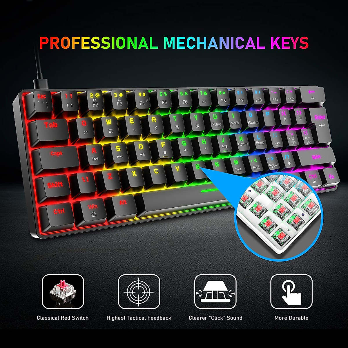 60% True Mechanical Gaming Keyboard Ultra-compact with 20 Rainbow Backlit Type C Wired Programmable 62 Keys Linear Red Switch Waterproof Non-Conflict and Gaming Mouse Pad  for PC/Laptop/PS5（Black)
