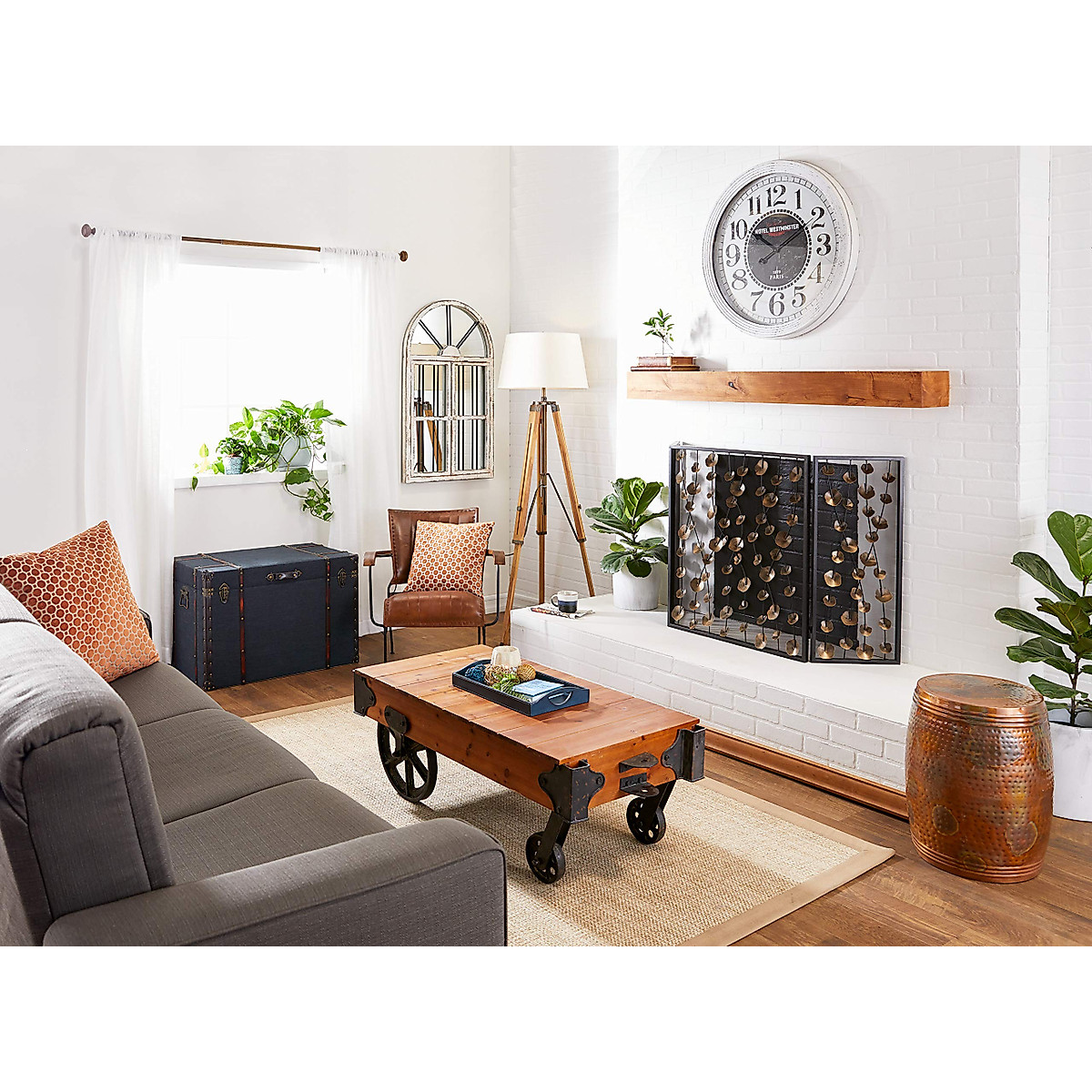 Deco 79 Metal Floral Foldable Mesh Netting 3 Panel Fireplace Screen with 3D Floral on Vines, 56" x 1" x 32", Gold