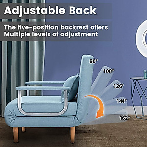 HOMHUM Convertible Sofa Bed Sleeper Chair,Adjustable 5 Position Backrest, Folding Arm Chair Sleeper w/Pillow, Upholstered Seat, Leisure Chaise Lounge Couch for Home, Office,Blue