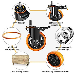 4 Inch Caster Wheels 2200Lbs, Threaded Stem Casters Set of 4 Heavy Duty, 1/2"-13 x 1" (Screw Diameter 1/2", Stem Length 1"), Safety Dual Locking Industrial Castors, Wheels for Cart, Furniture