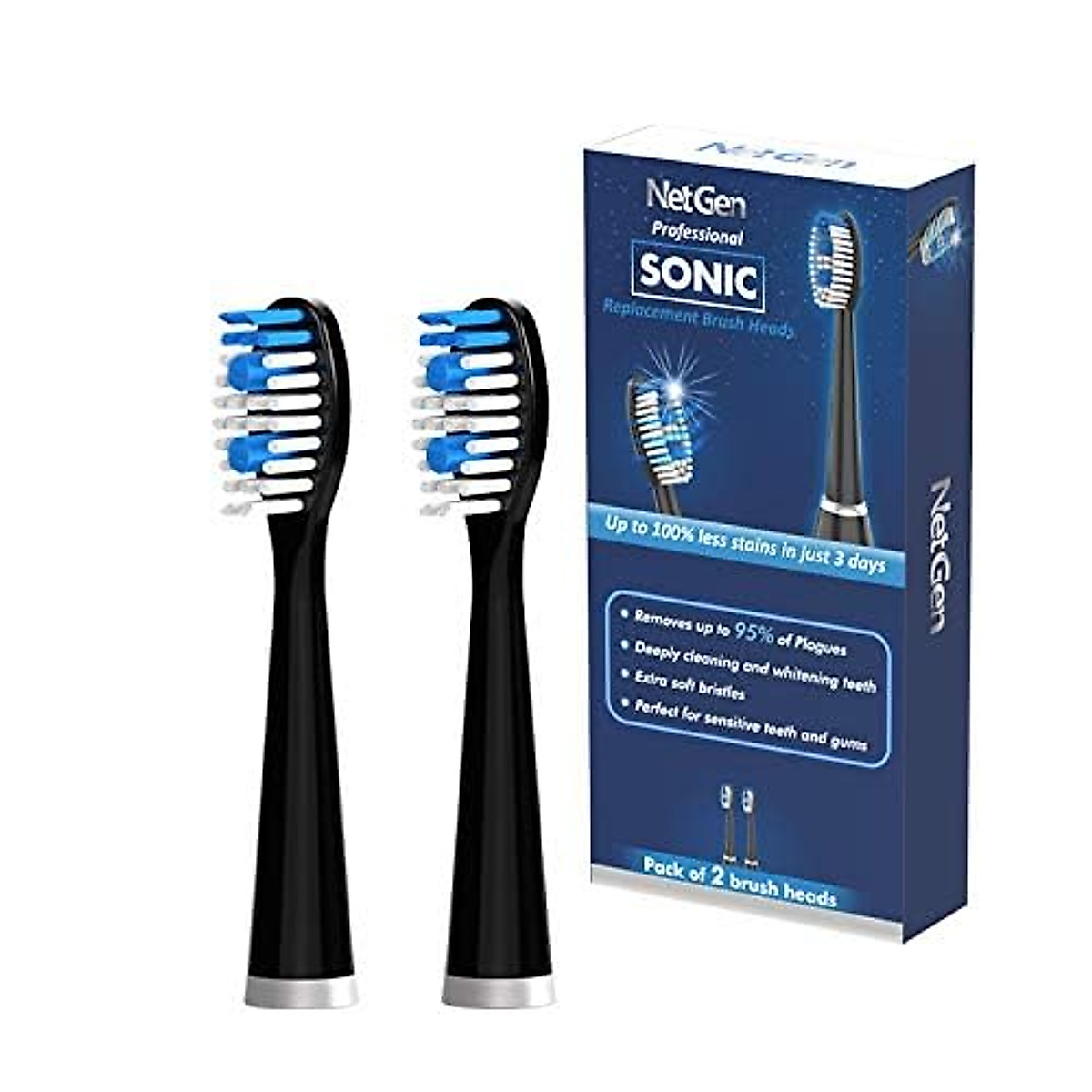 NetGen Replacement Sonic Toothbrush Heads | Soft and Comfortable Electronic Brush| Compatible with All NetGen Toothbrush Models | Black - Pack of 2