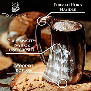 Trondebal Viking Drinking Horn Mug, 15-20 Oz Natural Ox Horn Cup & Cofee Stein | Cool Unique Gift for Men and Women, Home Decor Accessories | Shot Glasses for Beer, Ale, Mead, Whiskey