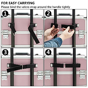 mefeir 4 in 1 Rolling Makeup Train Case, Aluminum Makeup Travel Organizer Cosmetic Case, Cosmetology Display Suitcase on Wheels, Beauty Storage Luggage Lockable w/4 Removable Wheels (Pink)