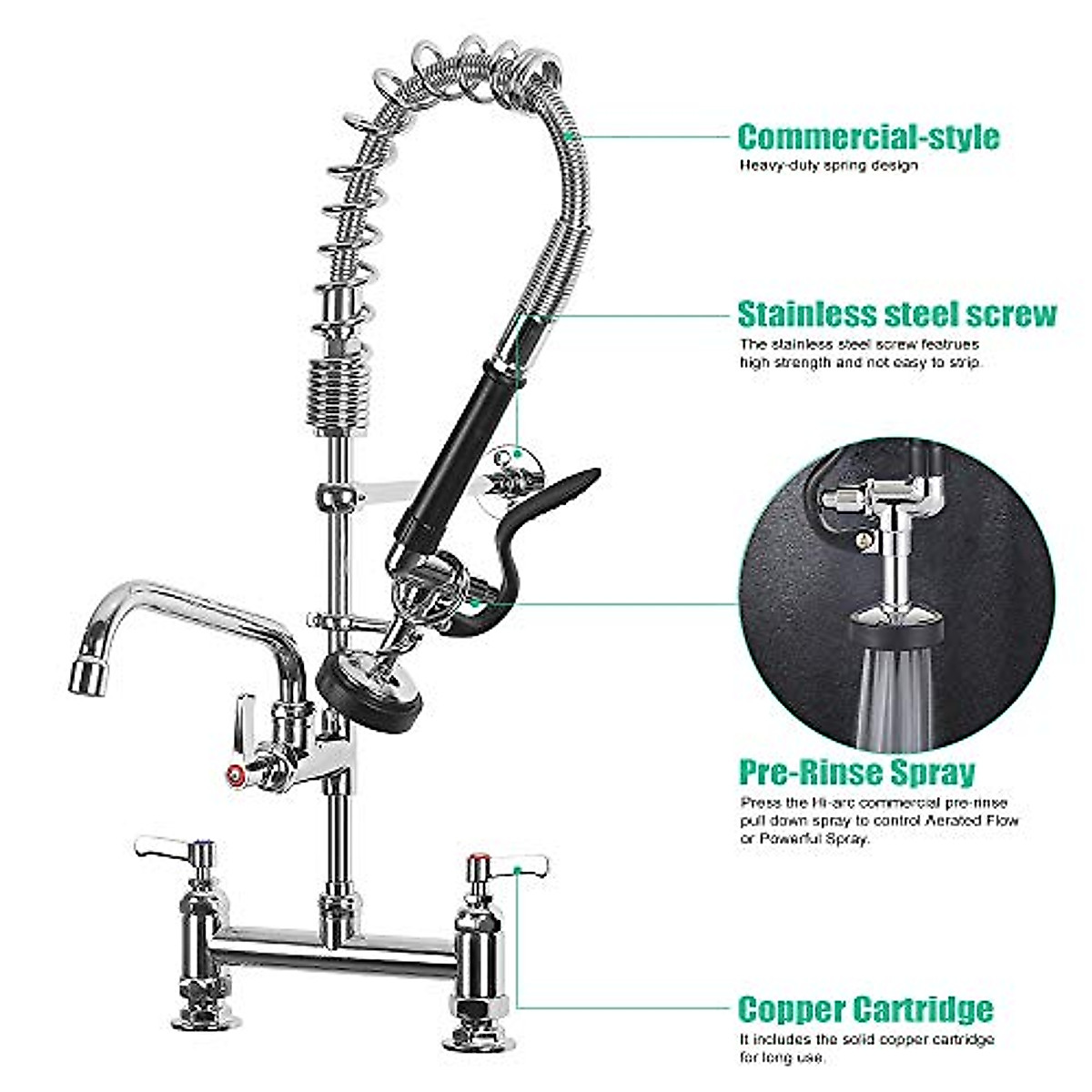 CWM Commercial Sink Faucet with Sprayer,Pre-Rinse Kitchen Brass Constructed Polished Chrome with Pull Down Sprayer 26"Height 8" Center with 8" Add-on Spout Deck Mounted