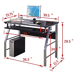 Kings Brand Furniture Computer Desk with Keyboard Tray - Silver Metal & Glass Top Home Office Desk, Gaming Desk for Laptop & Desktop Computer for Students, Remote Worker, & Gamer